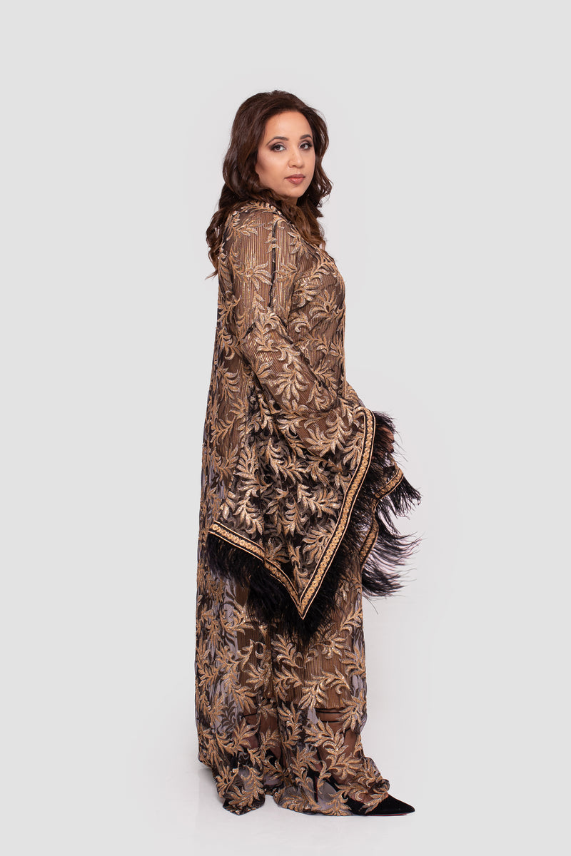 Opolia Transparent Gold Embroidered Feather-trimmed Kaftan Gown With ...